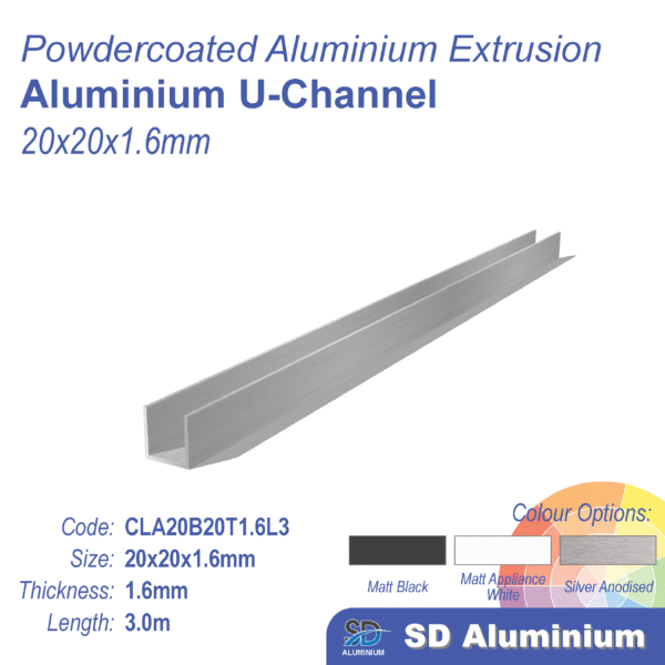 Aluminium 20 x 20 x 1.6mm U Channel 3M - Powder Coated Extrusion
