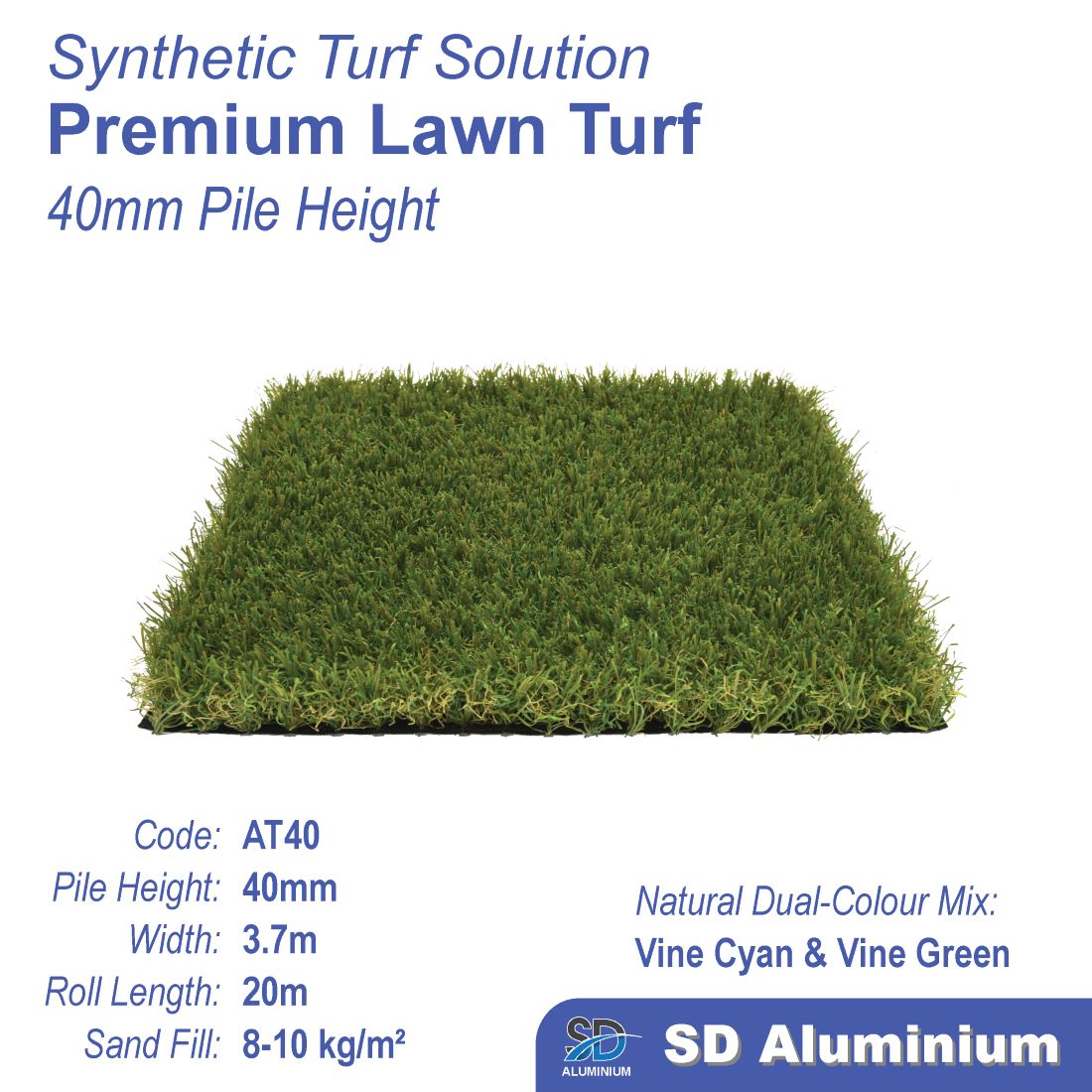 Premium Lawn Turf Width 3.7M x 20M 40mm Height - SD ALUMINIUM