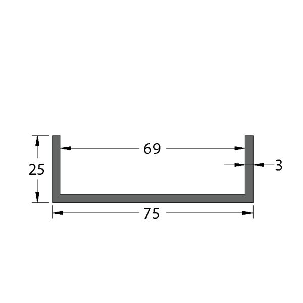 Aluminium 75 x 25 x 3mm U Channel 5.95M - SD ALUMINIUM